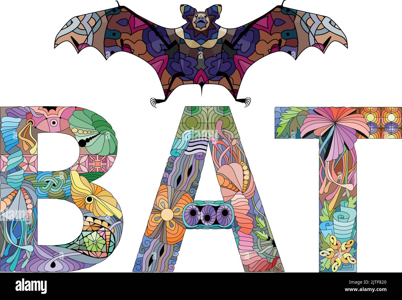 Hand-painted art design. Hand drawn illustration word BAT for t-shirt ...