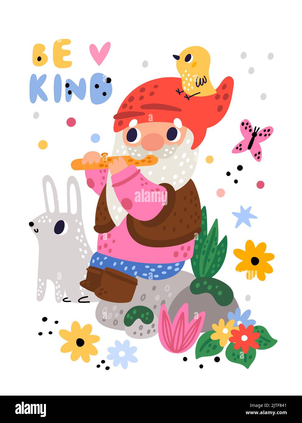 Cute garden gnomes poster. Cartoon gnomic character playing flute ...