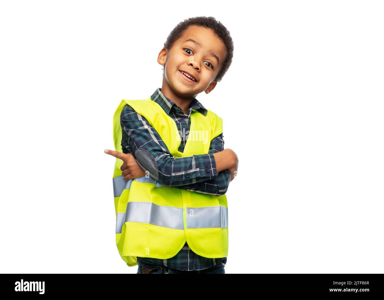 little boy in safety vest with crossed arms Stock Photo - Alamy