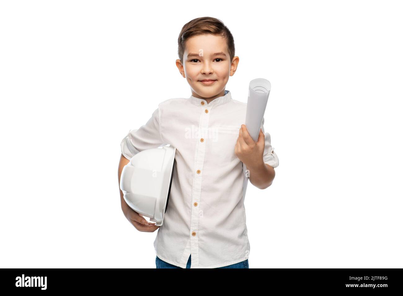 little boy with construction helmet and blueprint Stock Photo - Alamy
