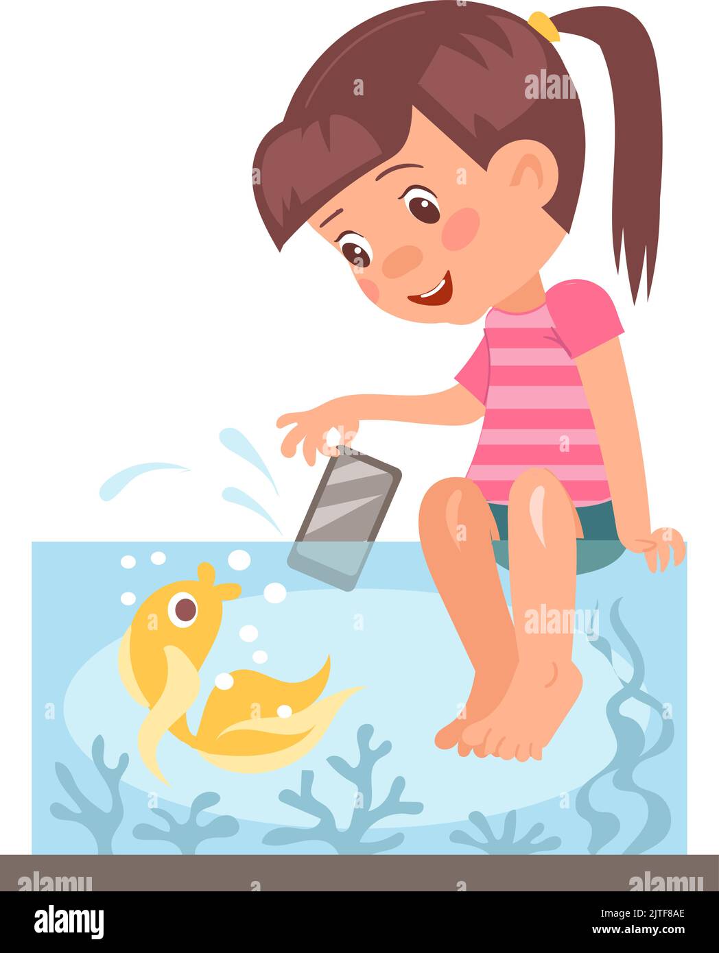 Kids destroy. Children bad behavior. Naughty girl putting smartphone ...