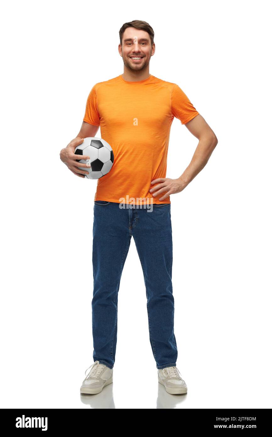 happy smiling man or football fan with soccer ball Stock Photo - Alamy