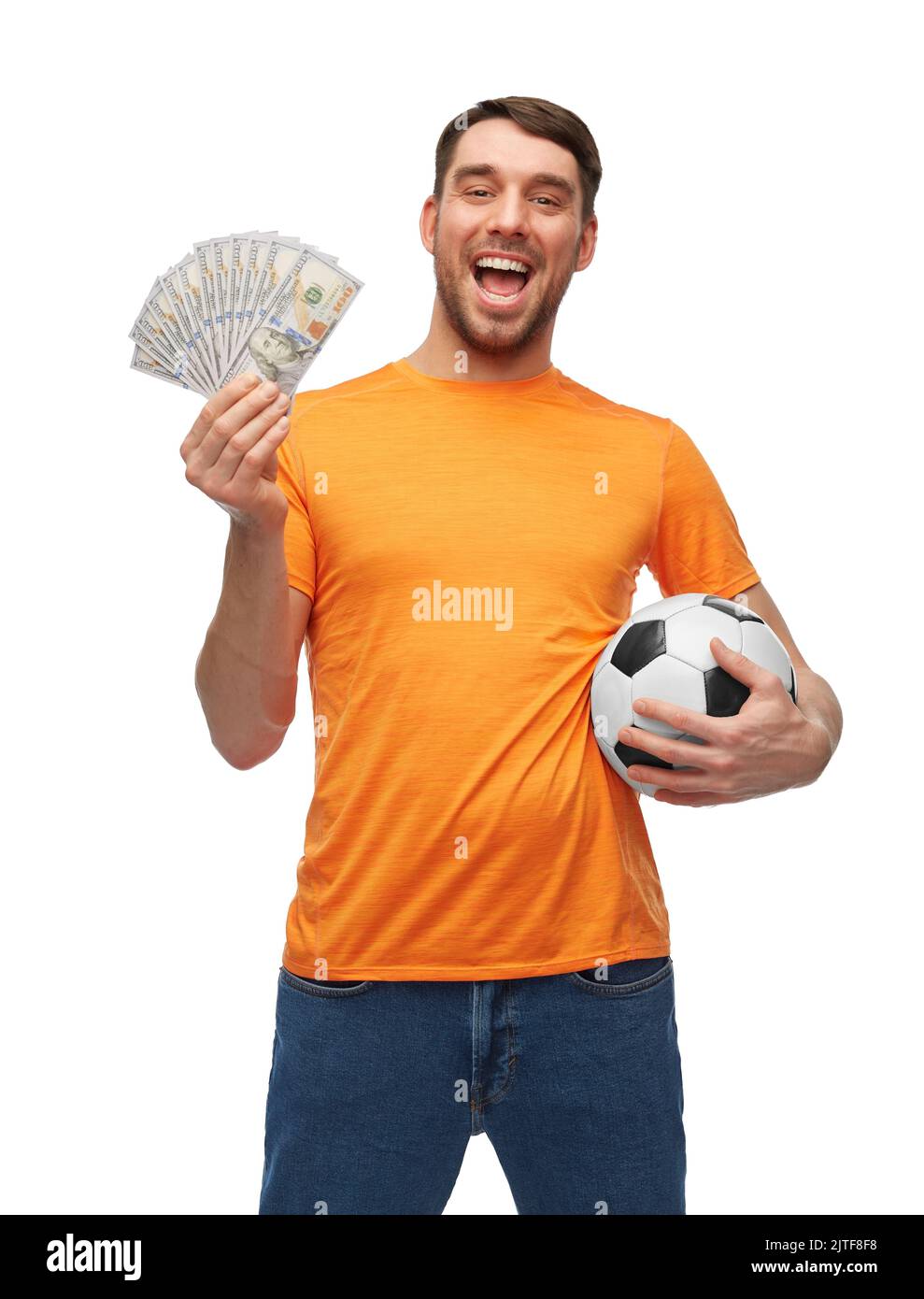 happy football fan with soccer ball and money Stock Photo - Alamy