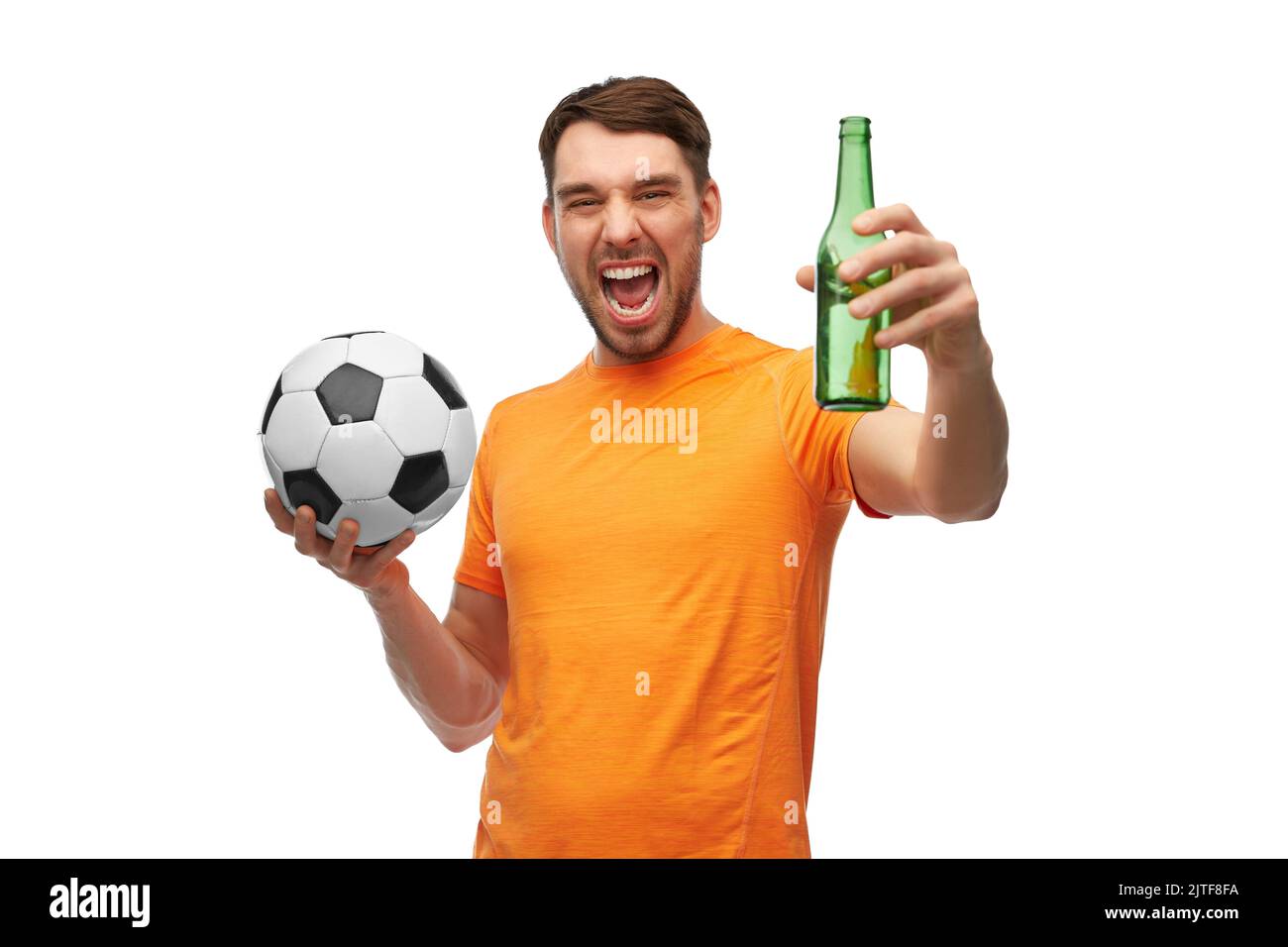 happy football fan with soccer ball and beer Stock Photo - Alamy