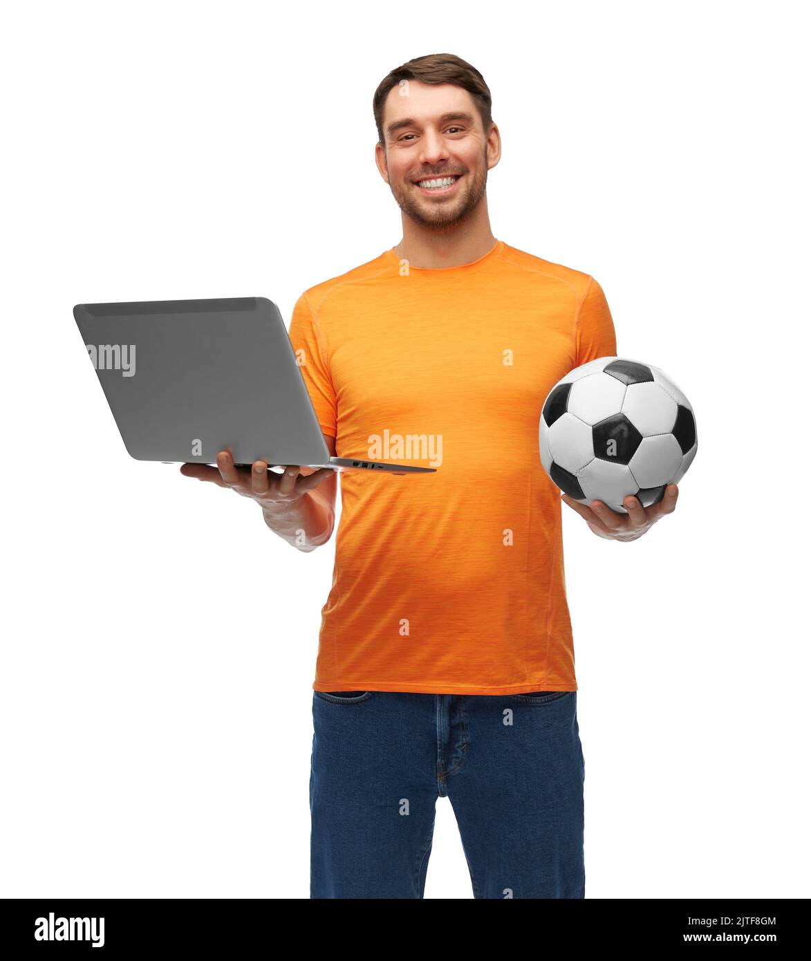 man or football fan with soccer ball and laptop Stock Photo - Alamy
