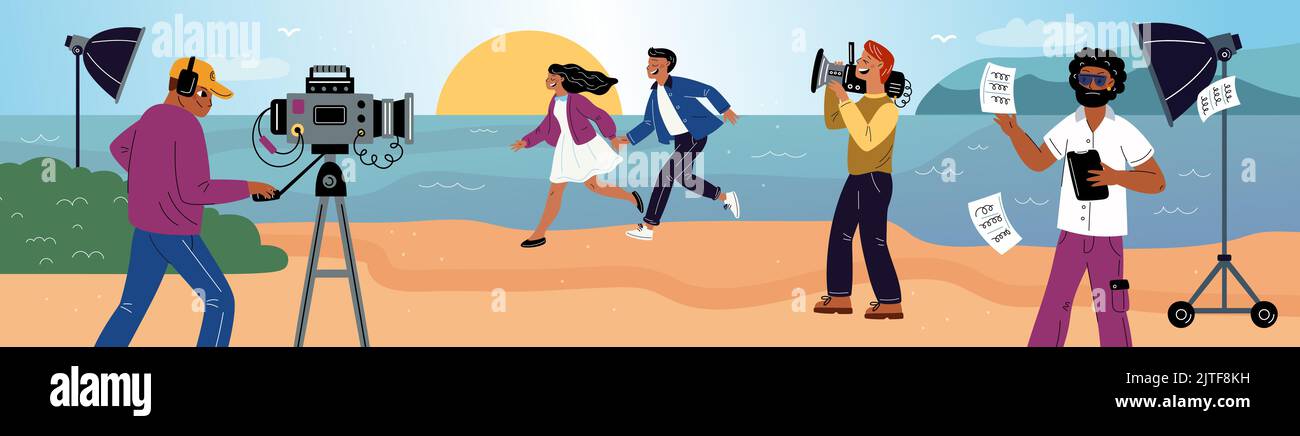 Movie production process. Shooting romantic scene on beach. Couple runs ...