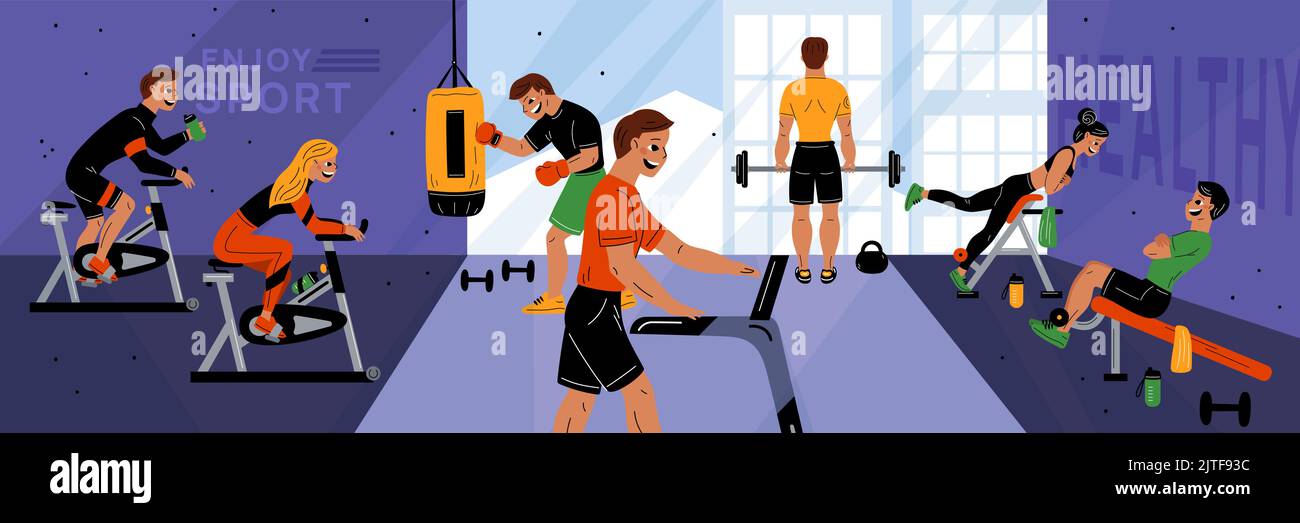 People at sport gym. Men and women in workout. Fitness room with ...