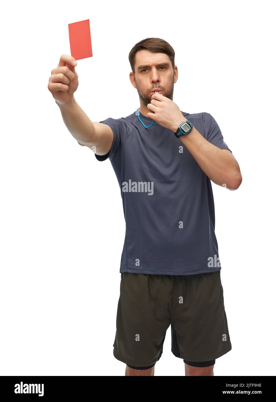 referee whistling whistle and showing red card Stock Photo - Alamy