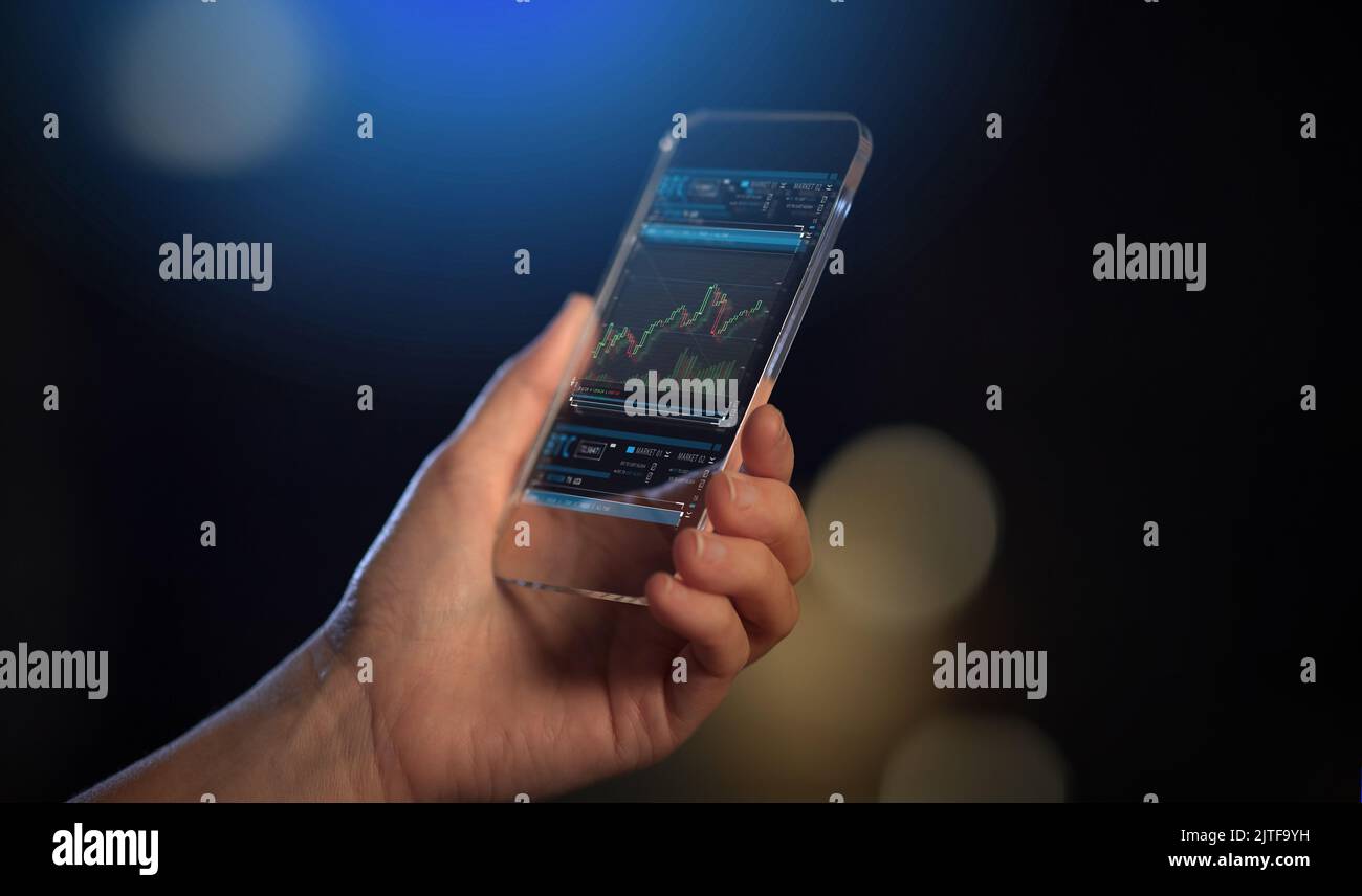 hand with forex chart on transparent smartphone Stock Photo - Alamy