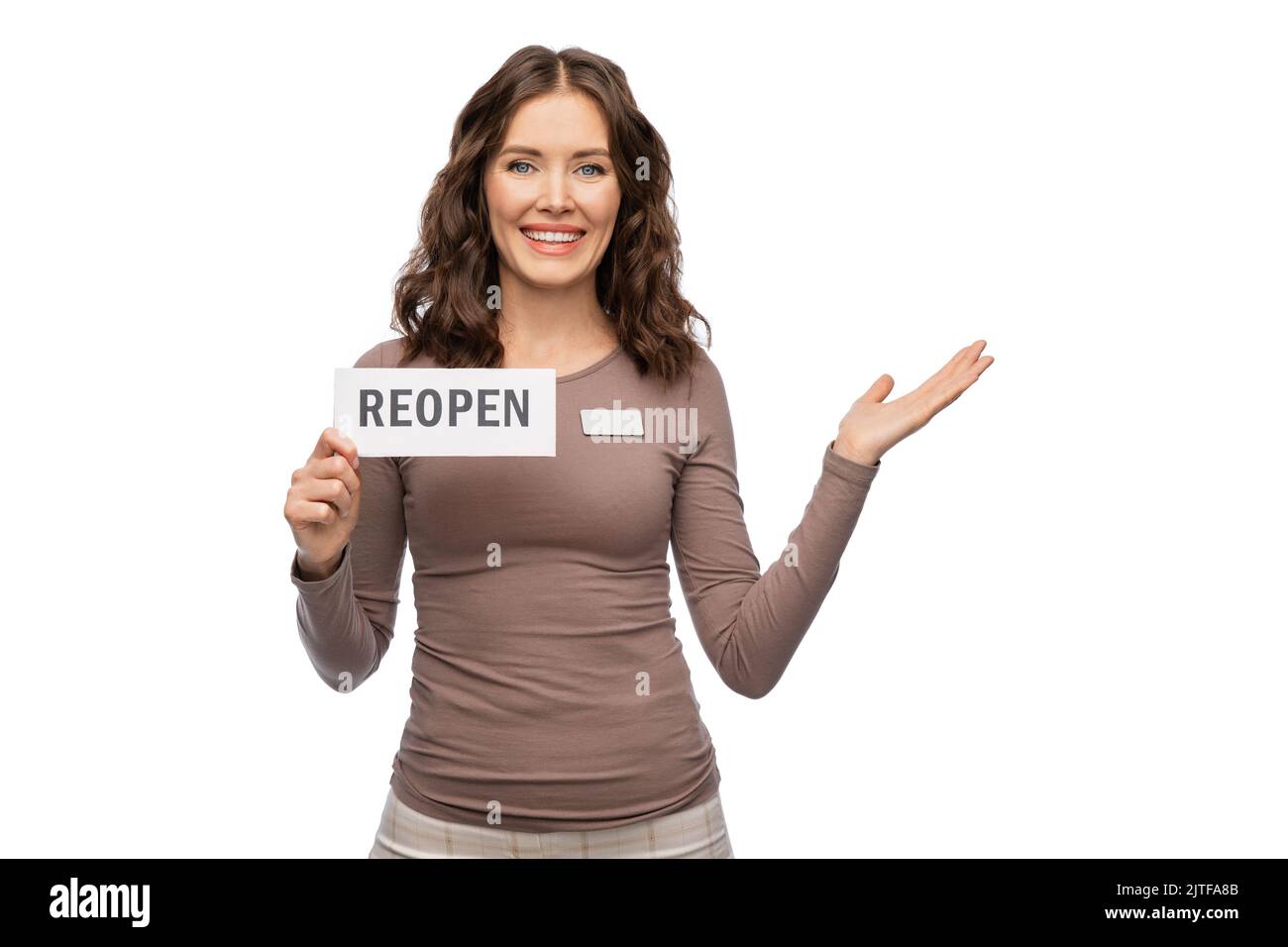 happy female shop assistant with reopen sign Stock Photo - Alamy