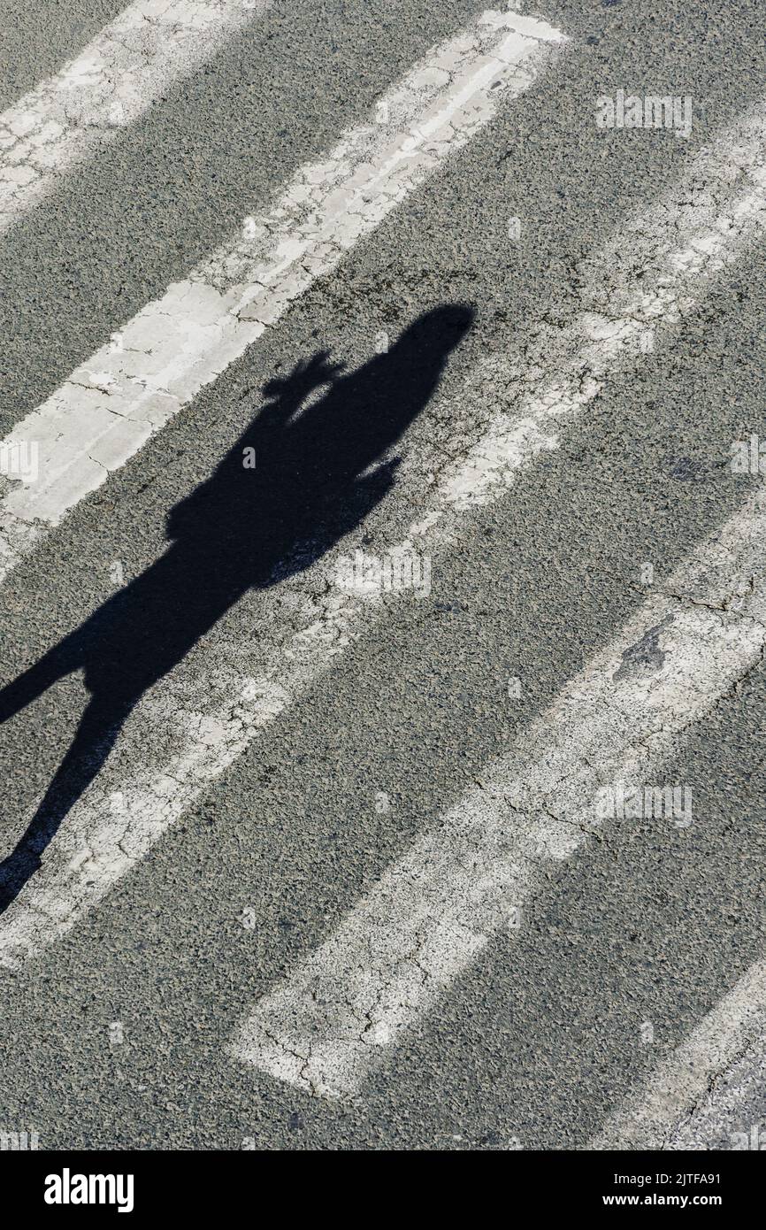 High angle day view of a human shadow walking on a zebra crossing at an ...