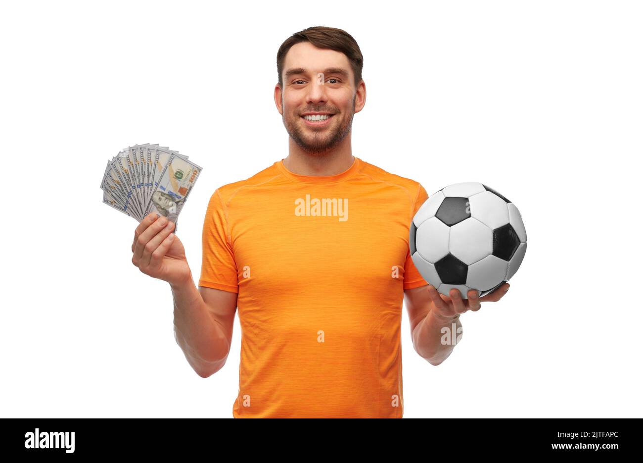 happy football fan with soccer ball and money Stock Photo - Alamy