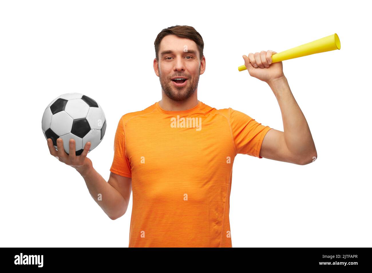 male football fan with soccer ball and vuvuzela Stock Photo - Alamy