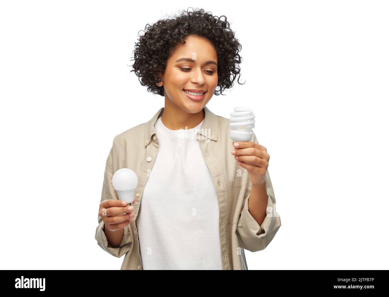 happy smiling woman holding lighting bulbs Stock Photo - Alamy