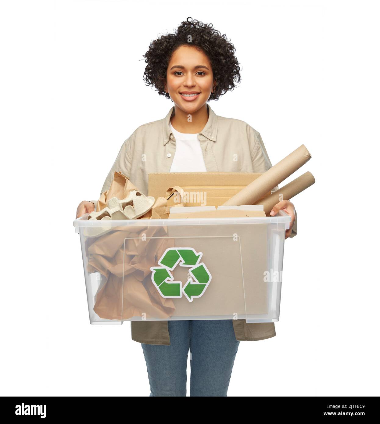happy african american woman sorting paper waste Stock Photo - Alamy