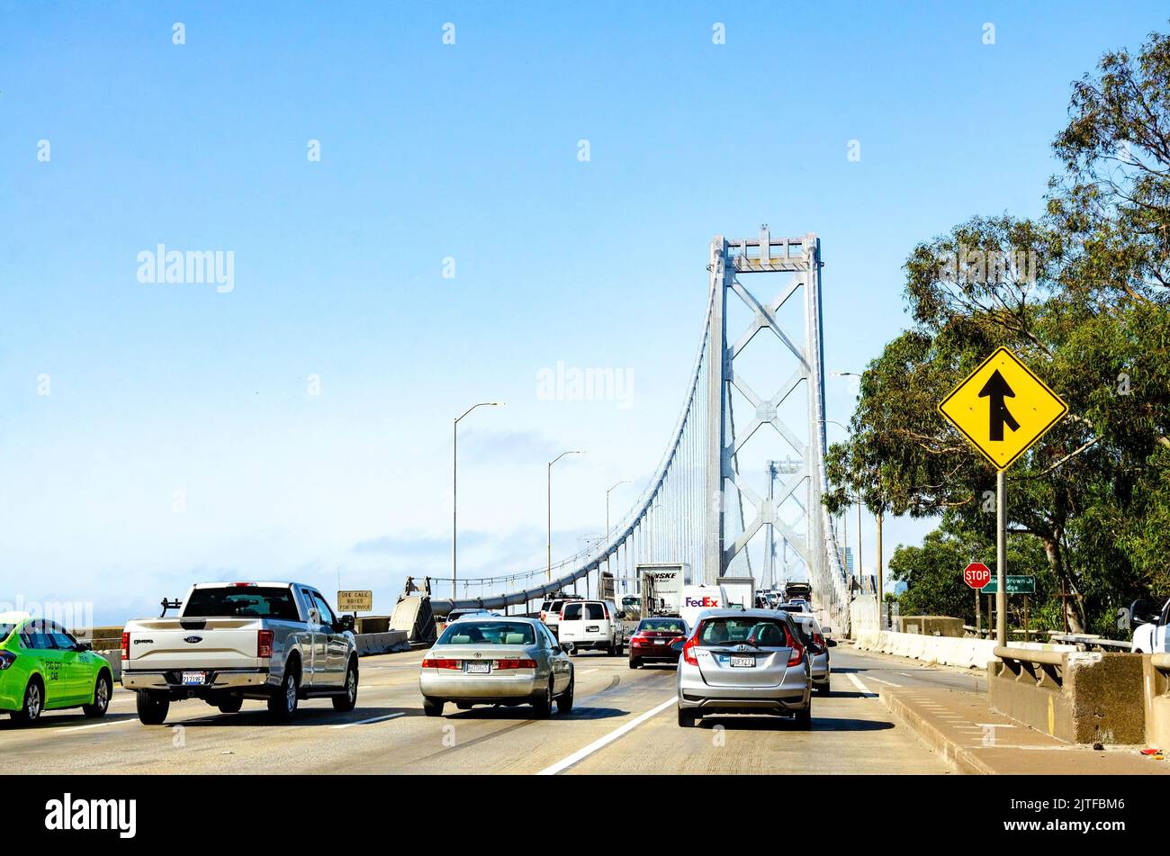 Driving across the San Francisco Oakland Bay Bridge on Highway 90 in ...