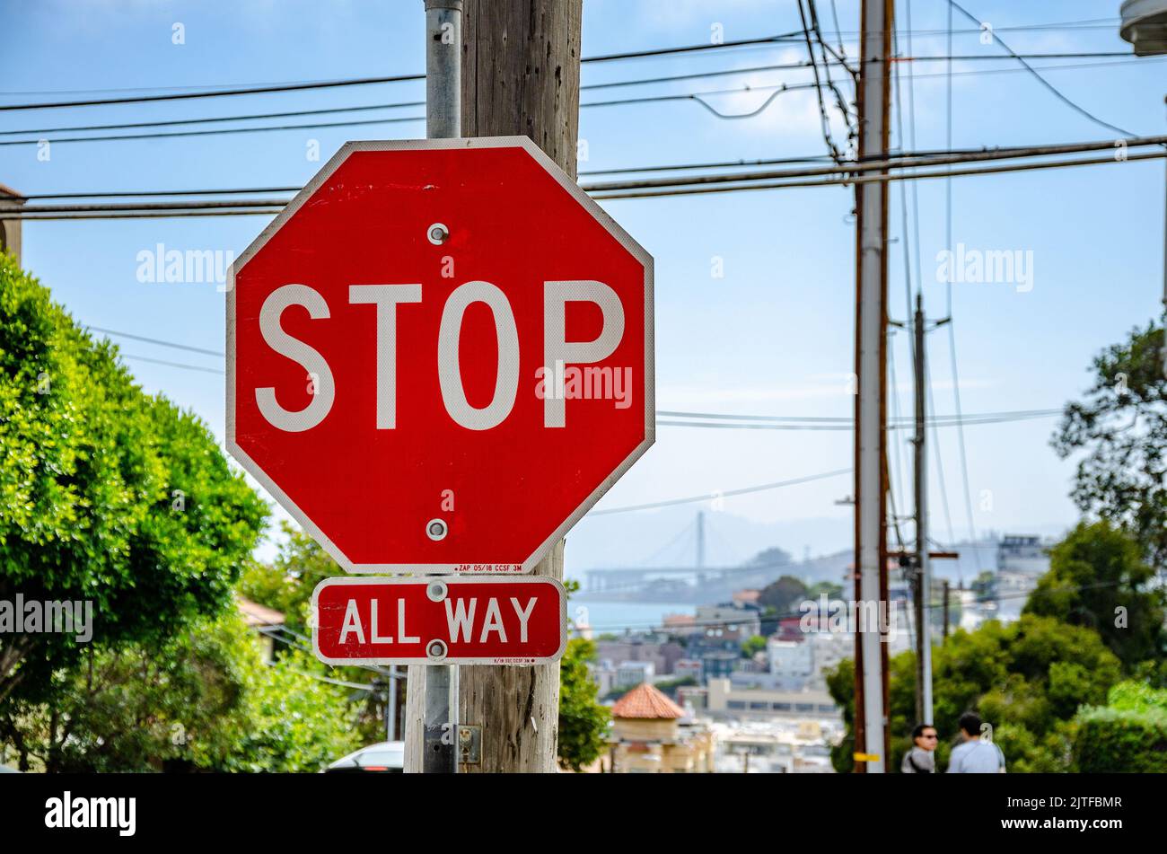 A stop sign attached to a telegraph pole in San Francisco, California ...