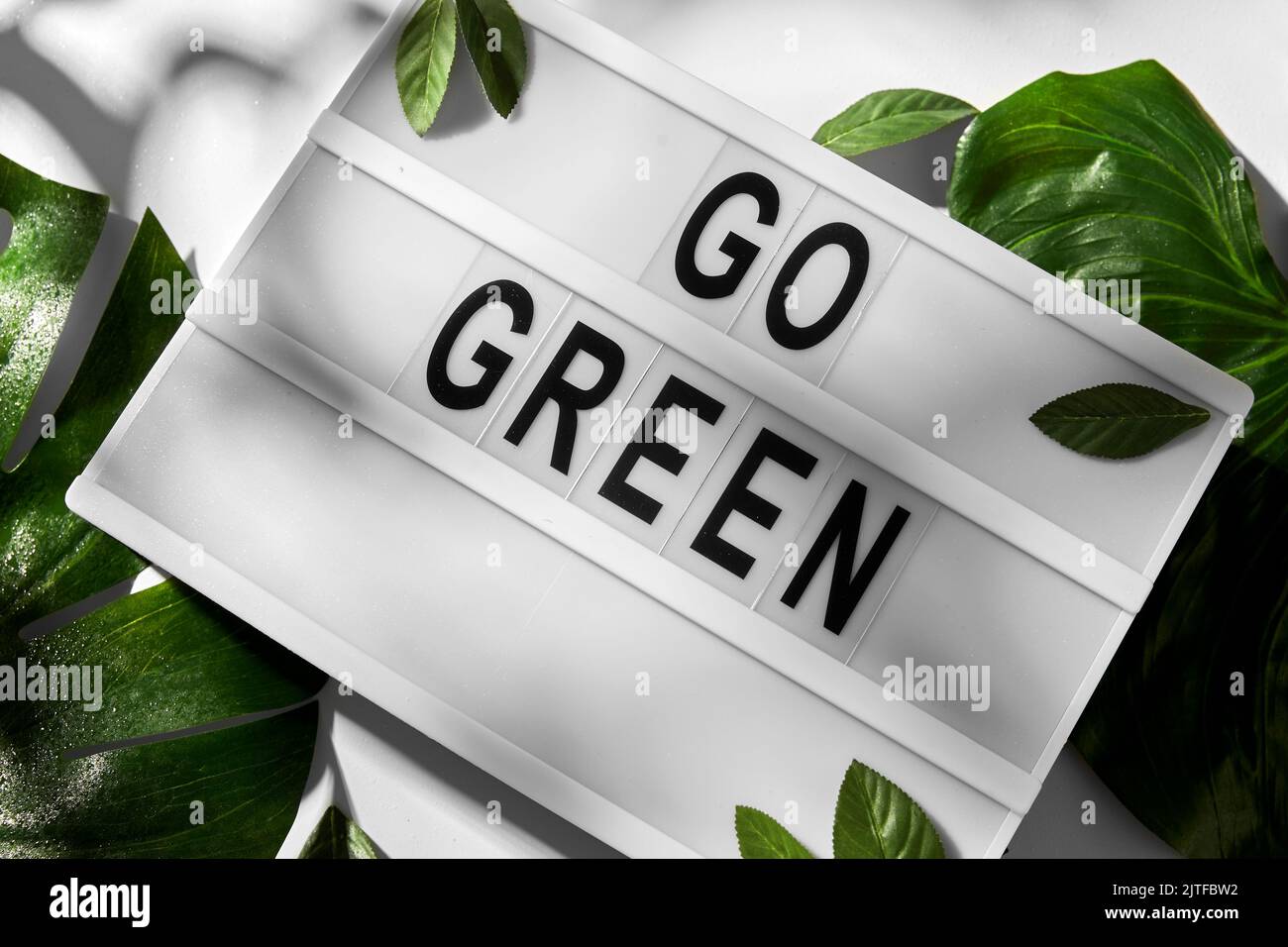 light box with go green words and leaves Stock Photo - Alamy
