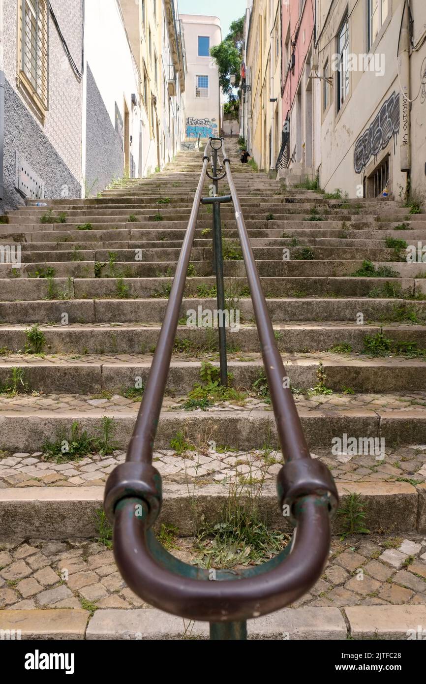 Portugal, Lisbon, Metal railing and stone steps Stock Photo - Alamy