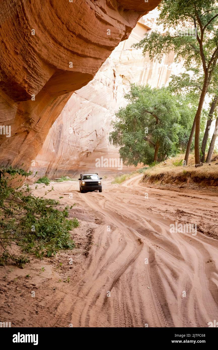 United States, Navajo Nation, Arizona, Chinle, Canyon, Car in Canyon De ...