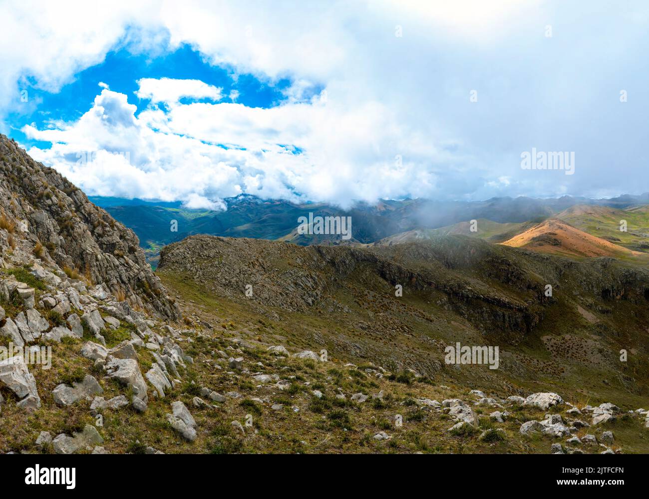 The hills in the Andes of Peru under the clouds in the blue sky Stock ...