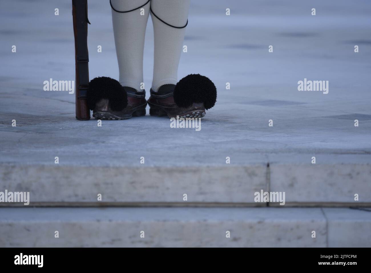 Closeup view of "tsarouchia" shoes part of the traditional uniform worn ...