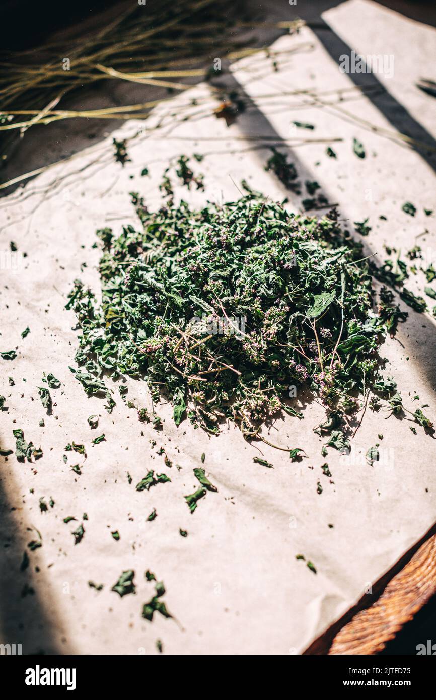 Heap of dry herbs on rustic table background under sunlight and shadow ...