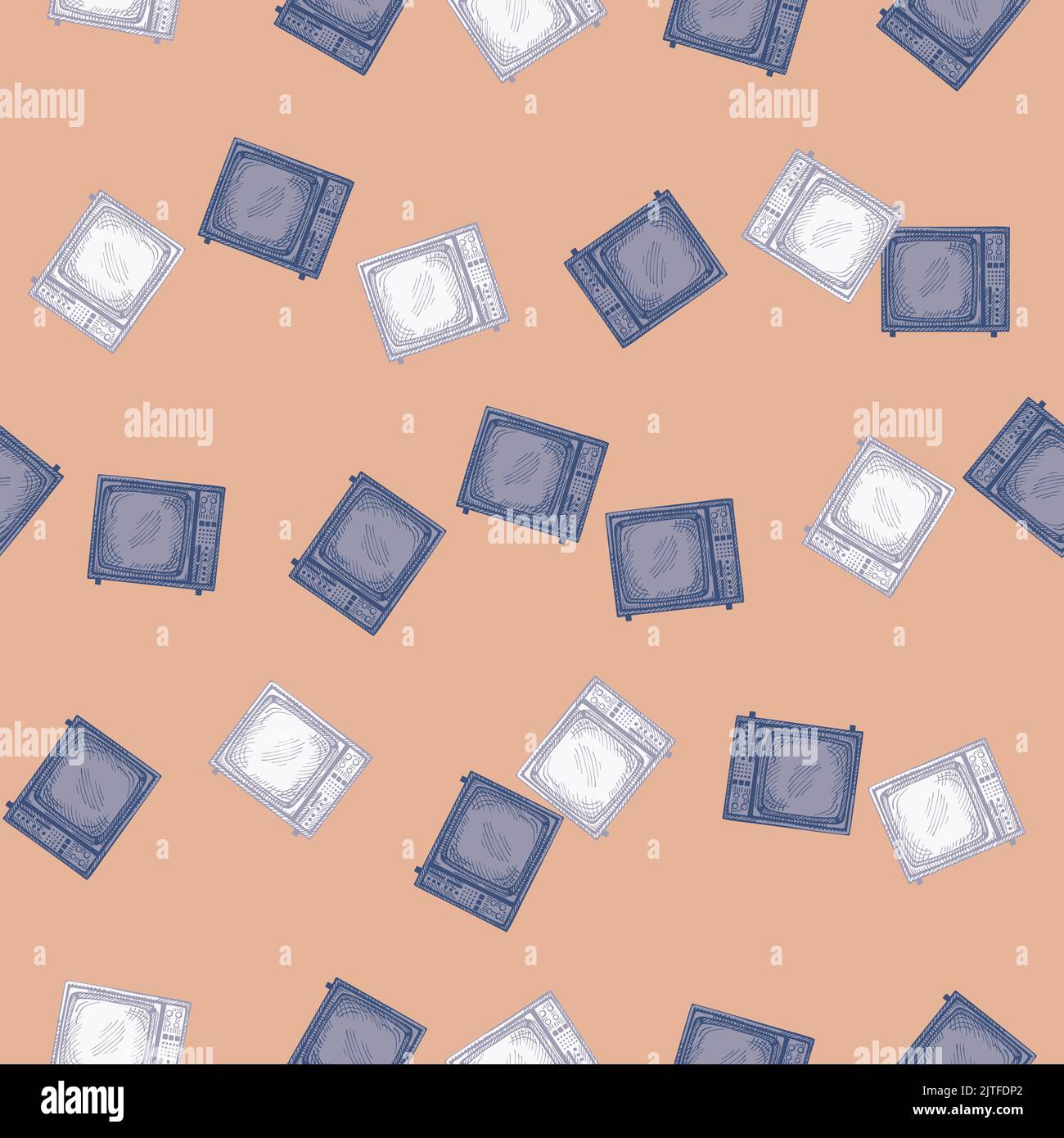 Retro TV engraved seamless pattern. Vintage television in hand drawn ...