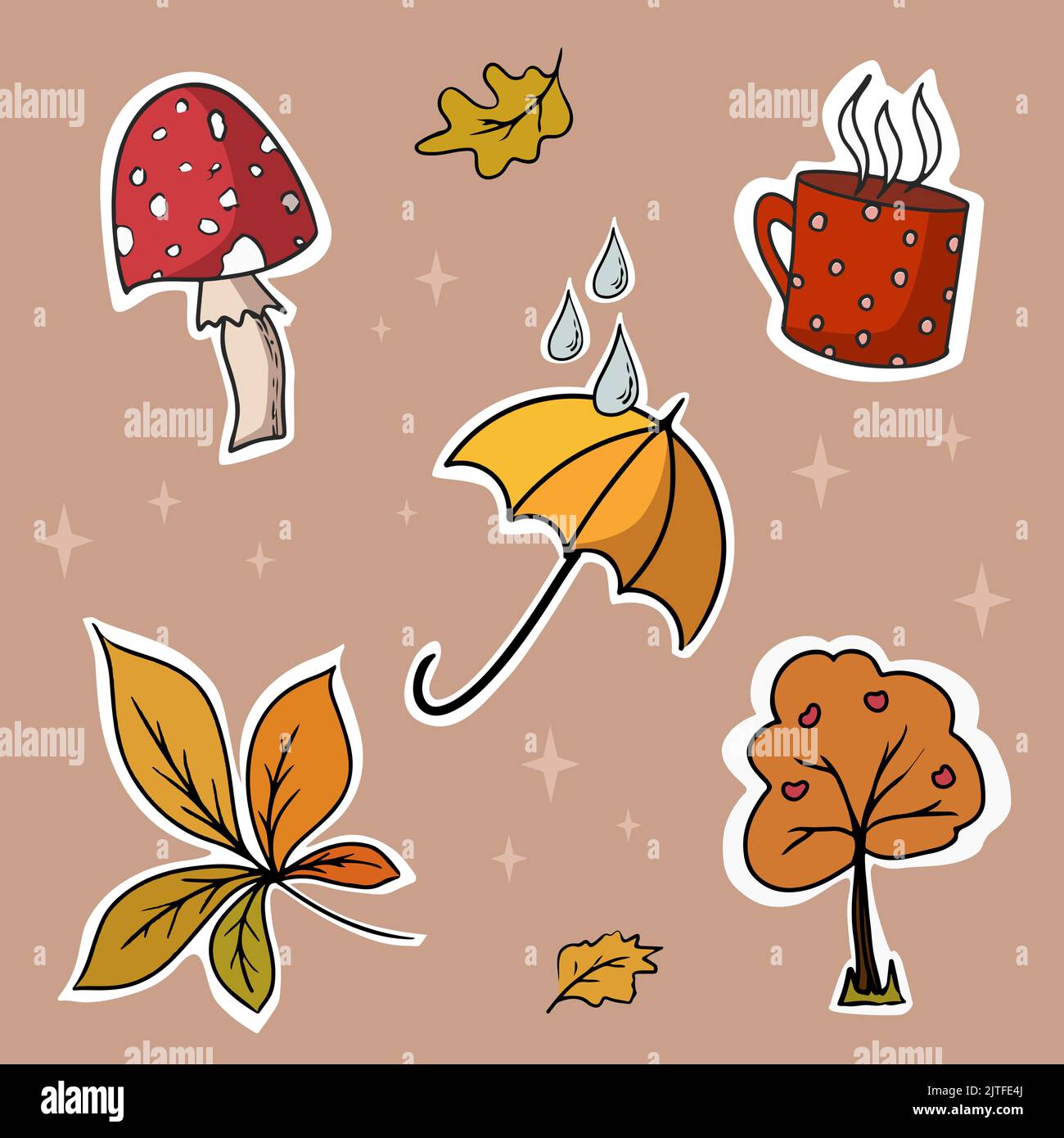 set of autumn stickers mushroom fly agaric cup with hot drink umbrella ...