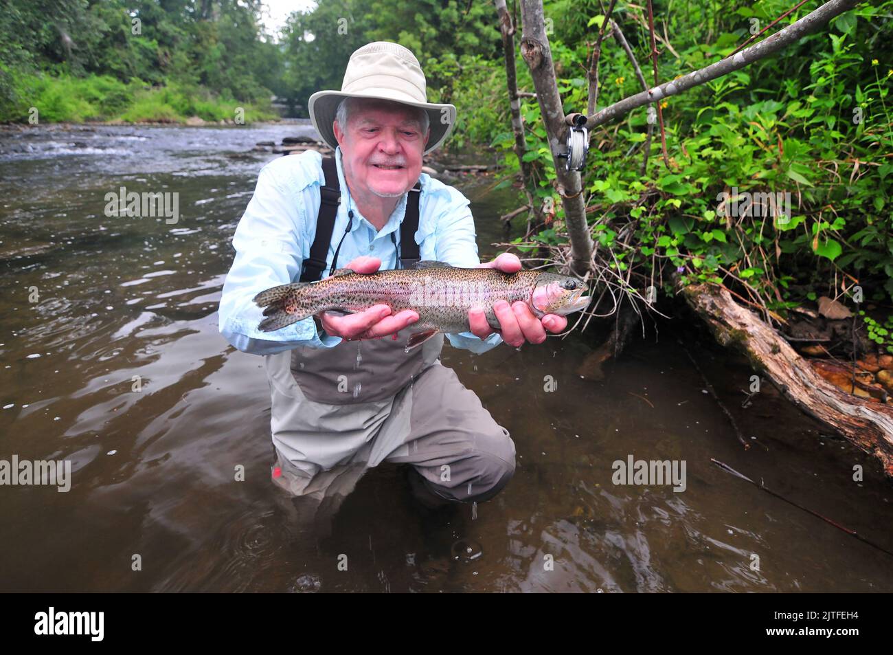 A happy trout angler lifts a beautiful rainbow caught in a quiet pool ...