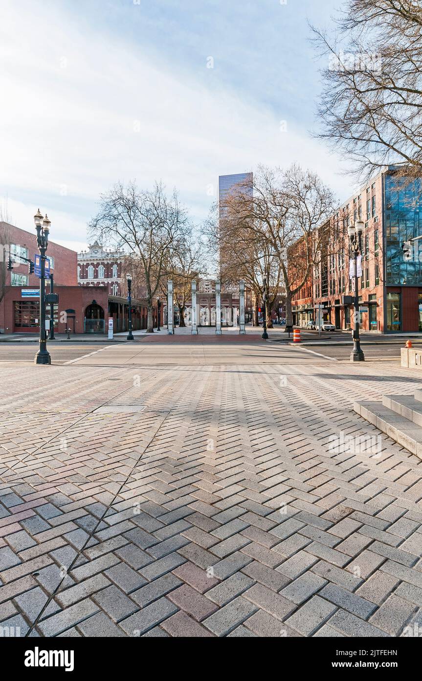 The plaza at Tom McCall Waterfront Park near the Willamette River in ...