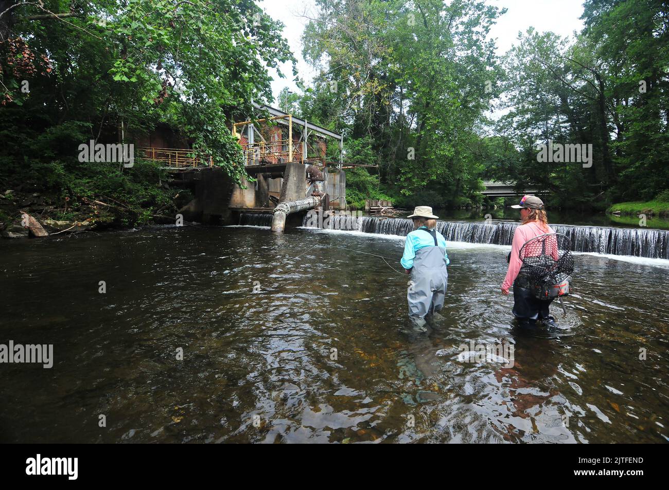 A trout angler with help from a guide works a quiet pool off a small ...