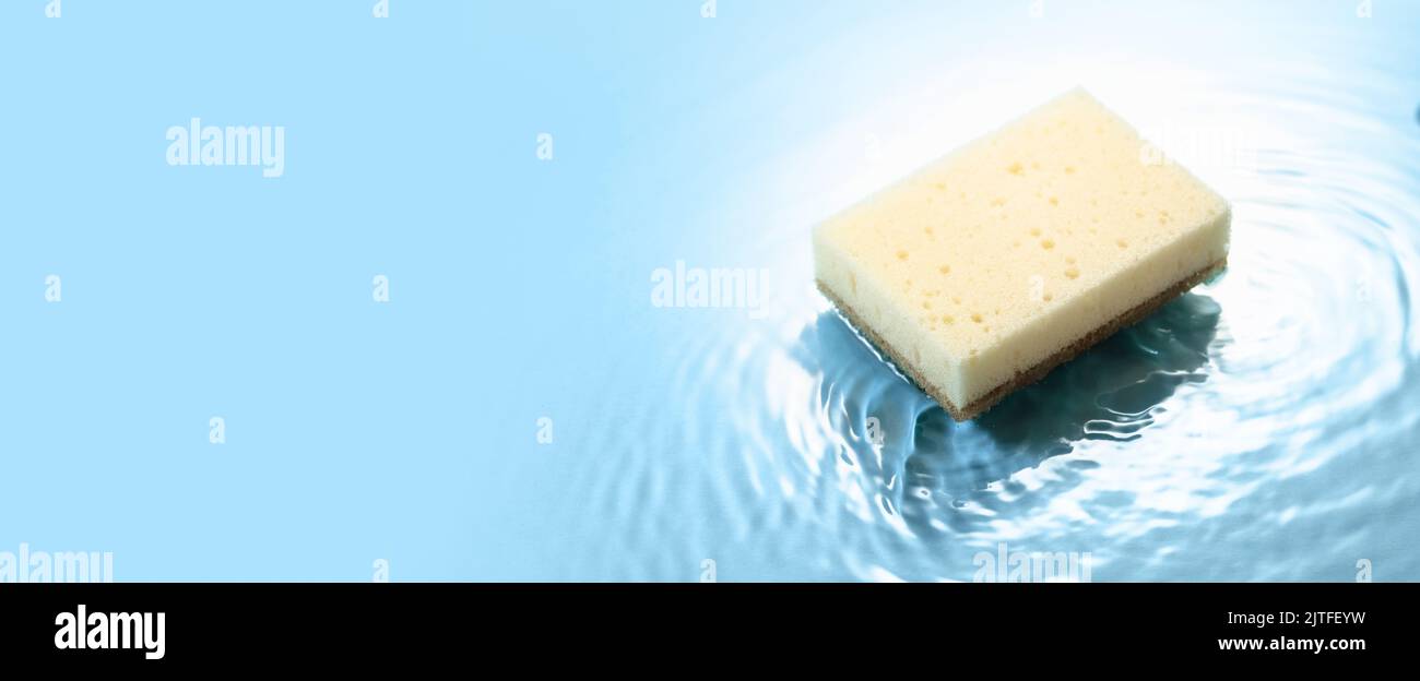New and clean sponge falls into the water forming waves. Clean concept ...