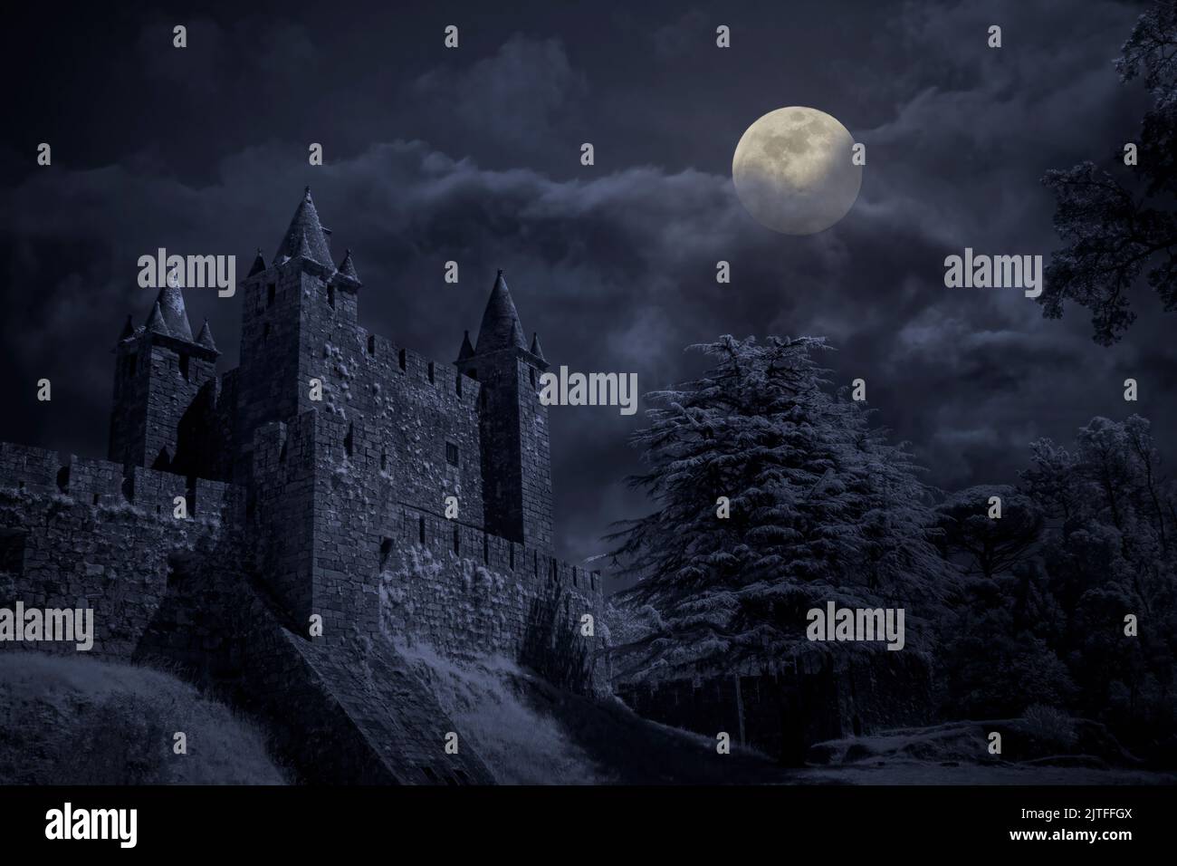 Old medieval castle in a cloudy full moon night Stock Photo - Alamy