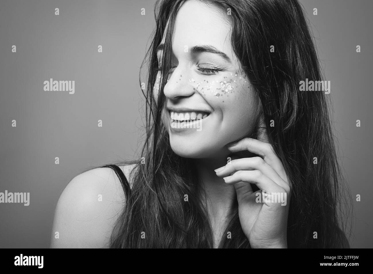 party girl freedom happiness smiling black white Stock Photo - Alamy