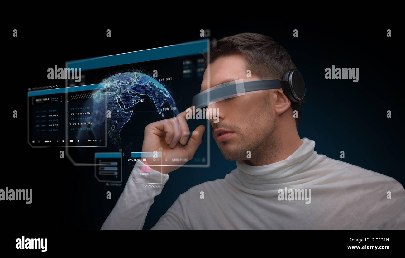 man in virtual reality 3d glasses with screens Stock Photo - Alamy