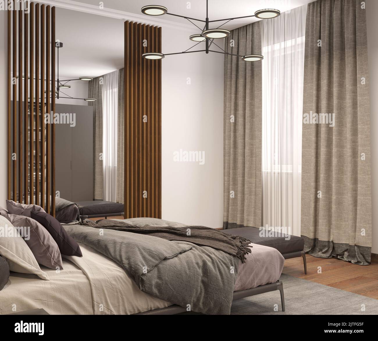 Modern bedroom with bed, mirrored wall and wood panelling, bedside ...