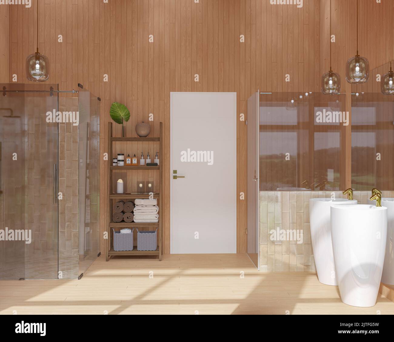 bathroom made of wooden lining, with shower, washbasin, standing bath ...