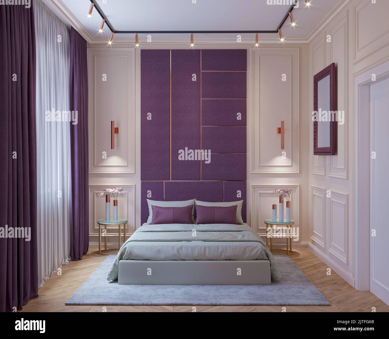 Bedroom in pastel colors with double bed, bedside tables, soft panel on ...