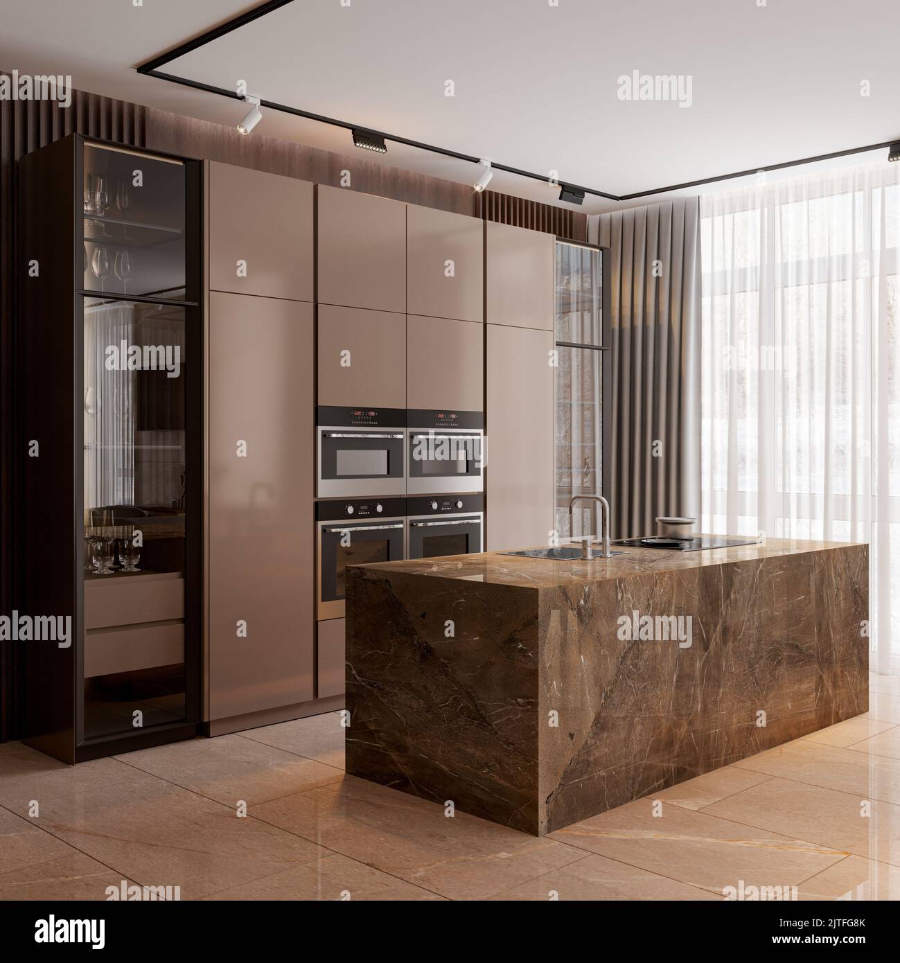 kitchen with marble island Stock Photo - Alamy