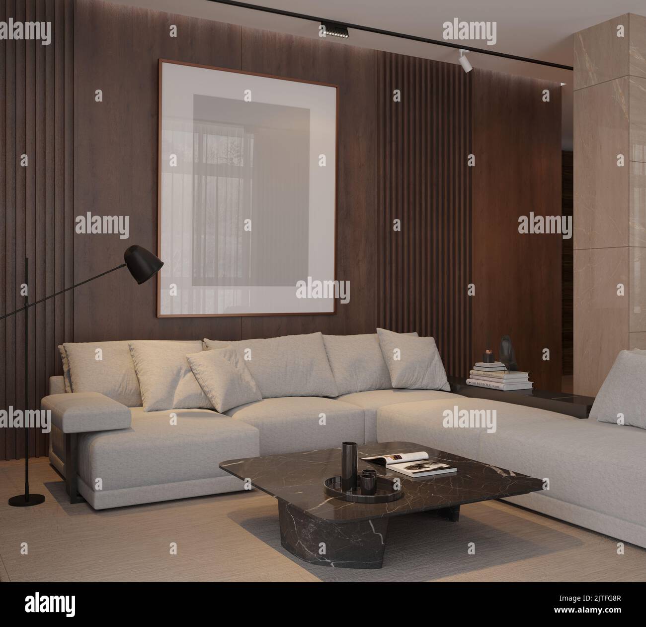 sofa in the living room with a window, a picture and a carpet Stock ...