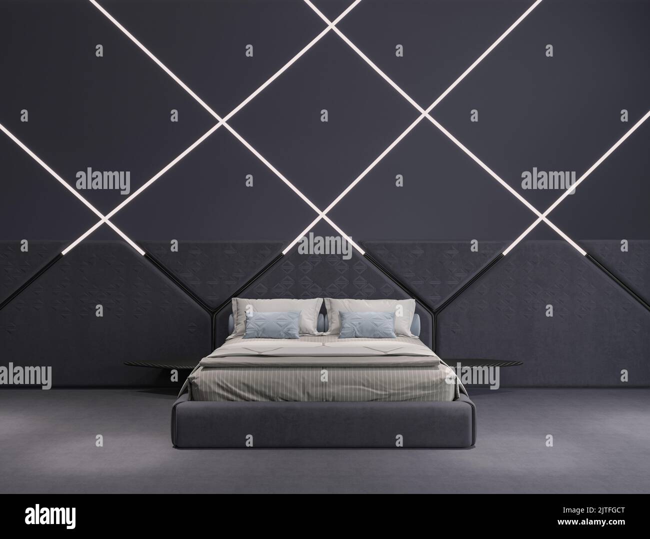 3d illustration. Stylish bedroom with LED lighting, bed with ...