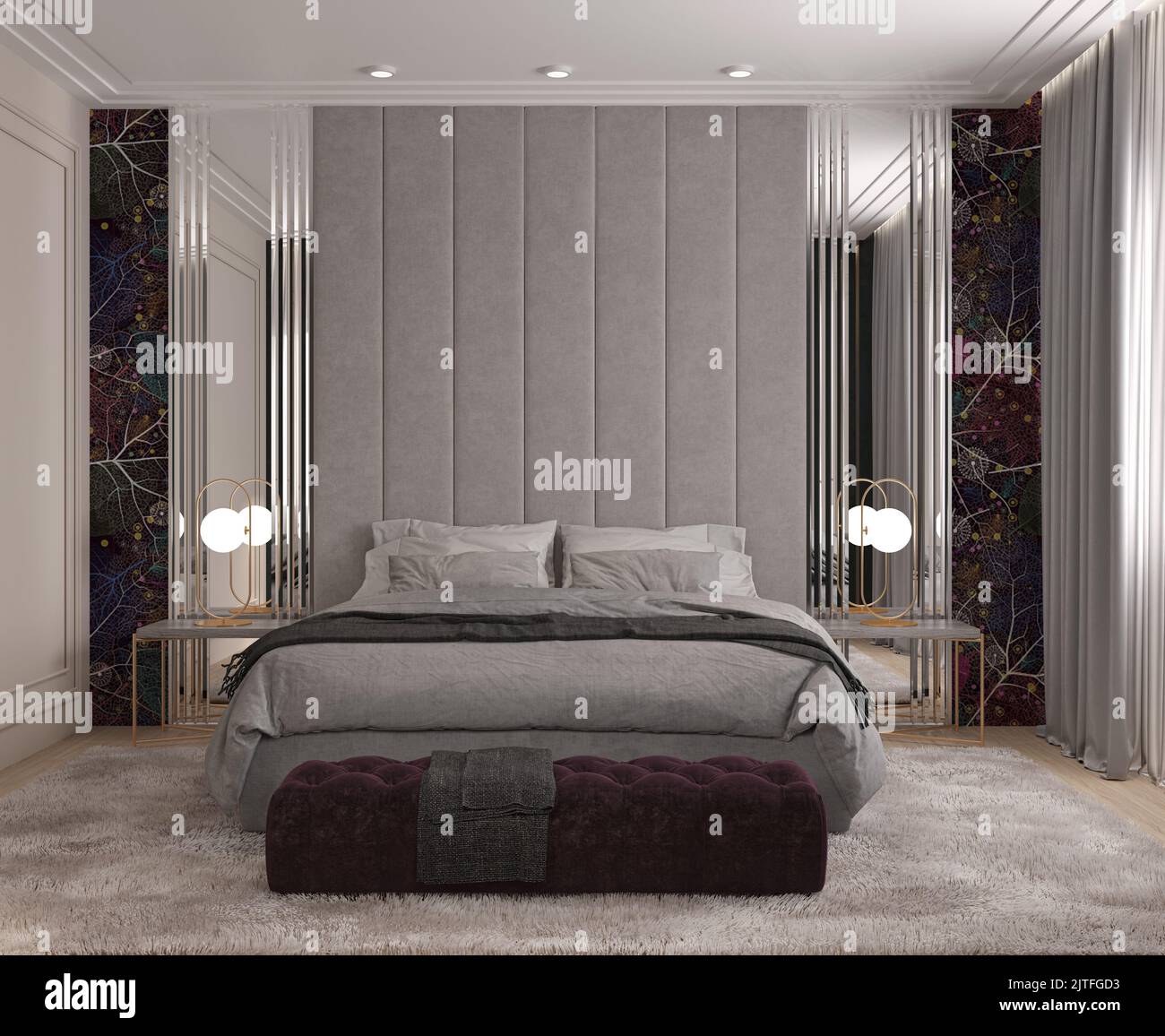 3d illustration. Stylish bedroom in bright colors with a burgundy couch ...