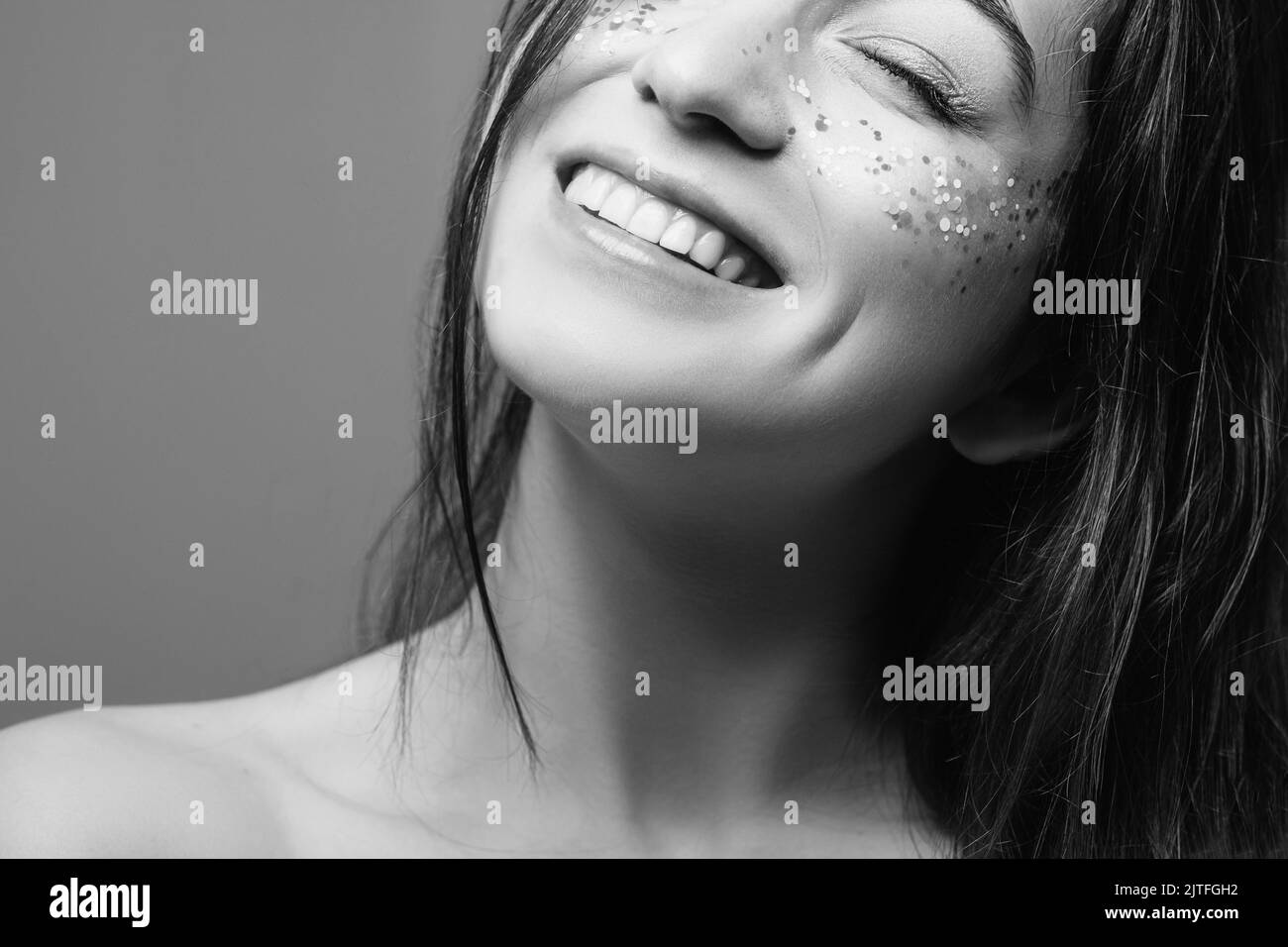 happy young woman portrait freedom black white Stock Photo - Alamy