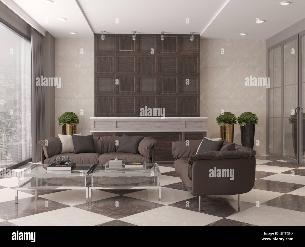 3d rendering of modern office interior. Hall with reception desk ...