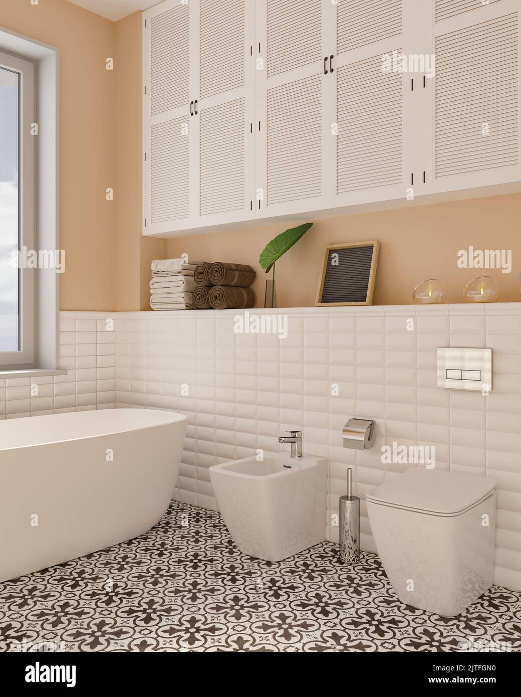 3d illustration. Stylish bathroom with toilet and wash basin ...