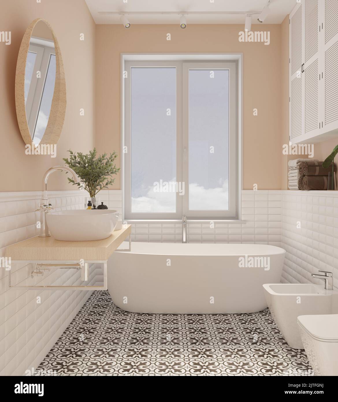 3d illustration. Stylish bathroom with toilet and wash basin ...