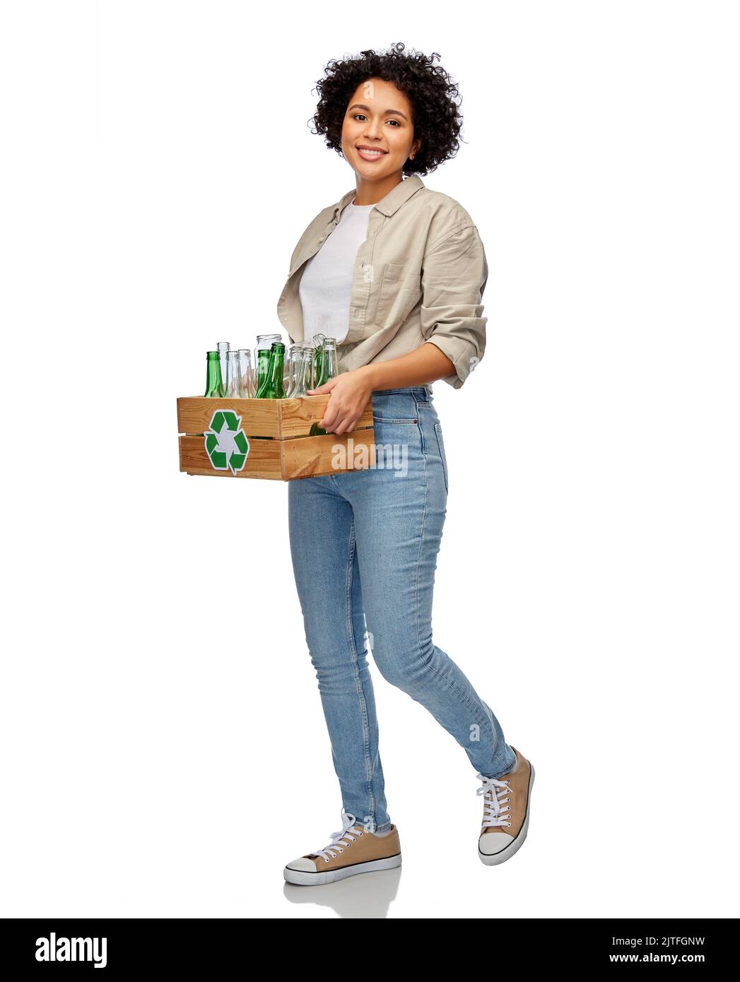 happy woman sorting glass waste Stock Photo - Alamy