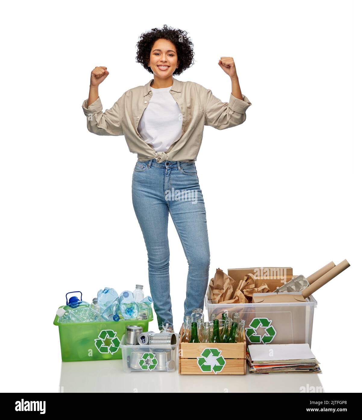 happy woman sorting paper, metal and plastic waste Stock Photo - Alamy