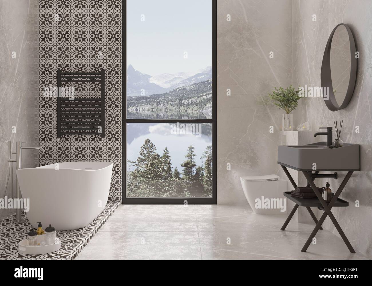 3d illustration. Stylish bathroom interior with marble floor and walls, floor ornament, toilet ...